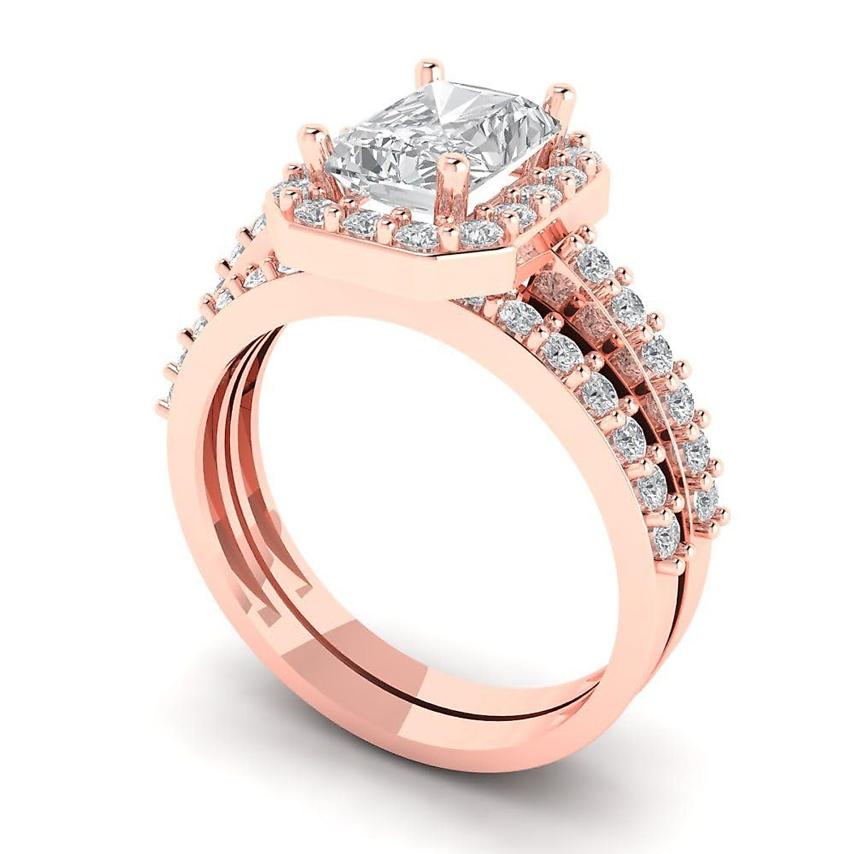 2.22 ct Emerald Cut Clear Simulated Diamond 14k Rose Gold Halo Solitaire W/Accents Wedding Engagement Promise Ring size 6.5