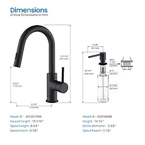 KIBI Luxe Single Handle Pull Down Faucet for Kitchen Sink | Solid Brass High Arc Faucet Spout | Kitchen Faucet with Pull Down Sprayer (Matte Black) (KKF2011) (Soap Dispenser Included)