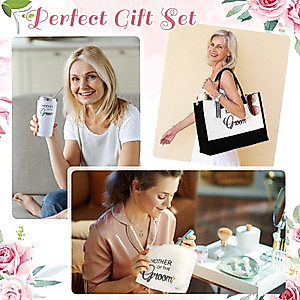 Tudomro 3 Pcs Mother of the Groom Bride Bridal Shower Wedding Gift Canvas Tote Bag Makeup Bag Glass Cup with Lid Straw(Basic Style)