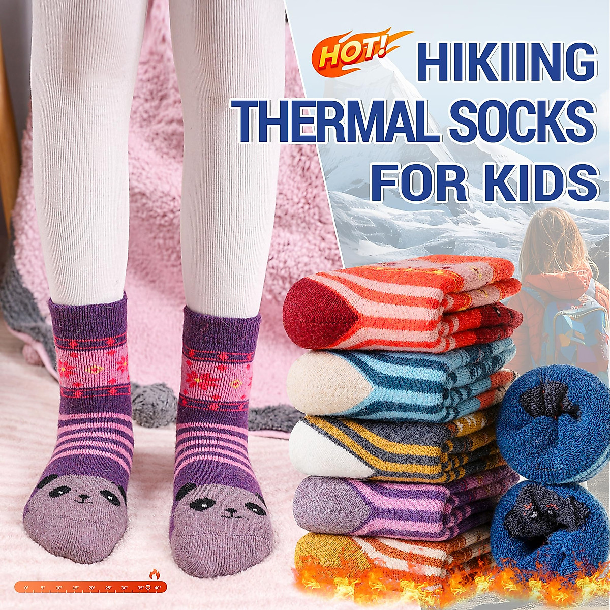 Eocom 6 Pairs Children's Winter Warm Wool Socks Kids Toddlers Boys Girls Thermal Thick Boot Cozy Crew Socks (8-12 Years, Snowflake Animal)