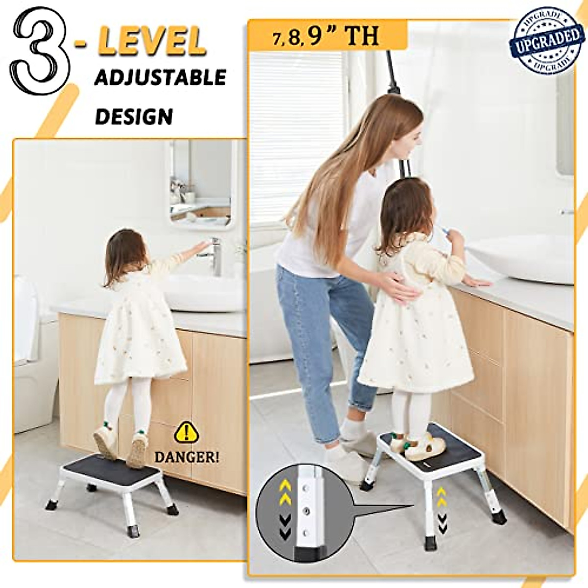 3 Levels Adjustable Folding Step Stool, Safer Metal Step Stools for Adults/Kids/Seniors, Heavy Duty RV Step Stool, Small Kitchen Stepping Stool Portable, Multi-Use Foldable Stool Office - Double Elite