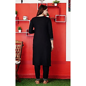 COTTON HTHRANG Indian Women's Tunic Tops Straight Rayon Black Kurtis Pant Sets W Chiffon Dupatta/A-Line Kurti Tunics