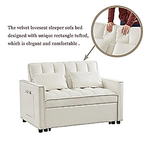 SEVENWOOD Velvet Loveseat Sleeper Sofa Bed, Convertible Futon Sofa Couch with Pull Out Bed, Small 2 Seater Lounge Sofa with Adjustable Backrest and Toss Pillows for Living Room.
