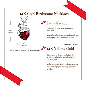 FANCIME 14K Solid White Gold Genuine Garnet Necklace January Birthstone 1.5 CT Gemstone Heart Necklace Small Dainty Fine Jewelry for Women 16”+2” Extender
