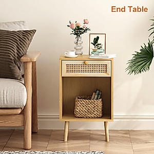 Koifuxii Natural Rattan Boho Nightstand - 24" High, 16.82" x 4.89" x 20.02" Light Wood Bedside Table - Bedroom, Living Room