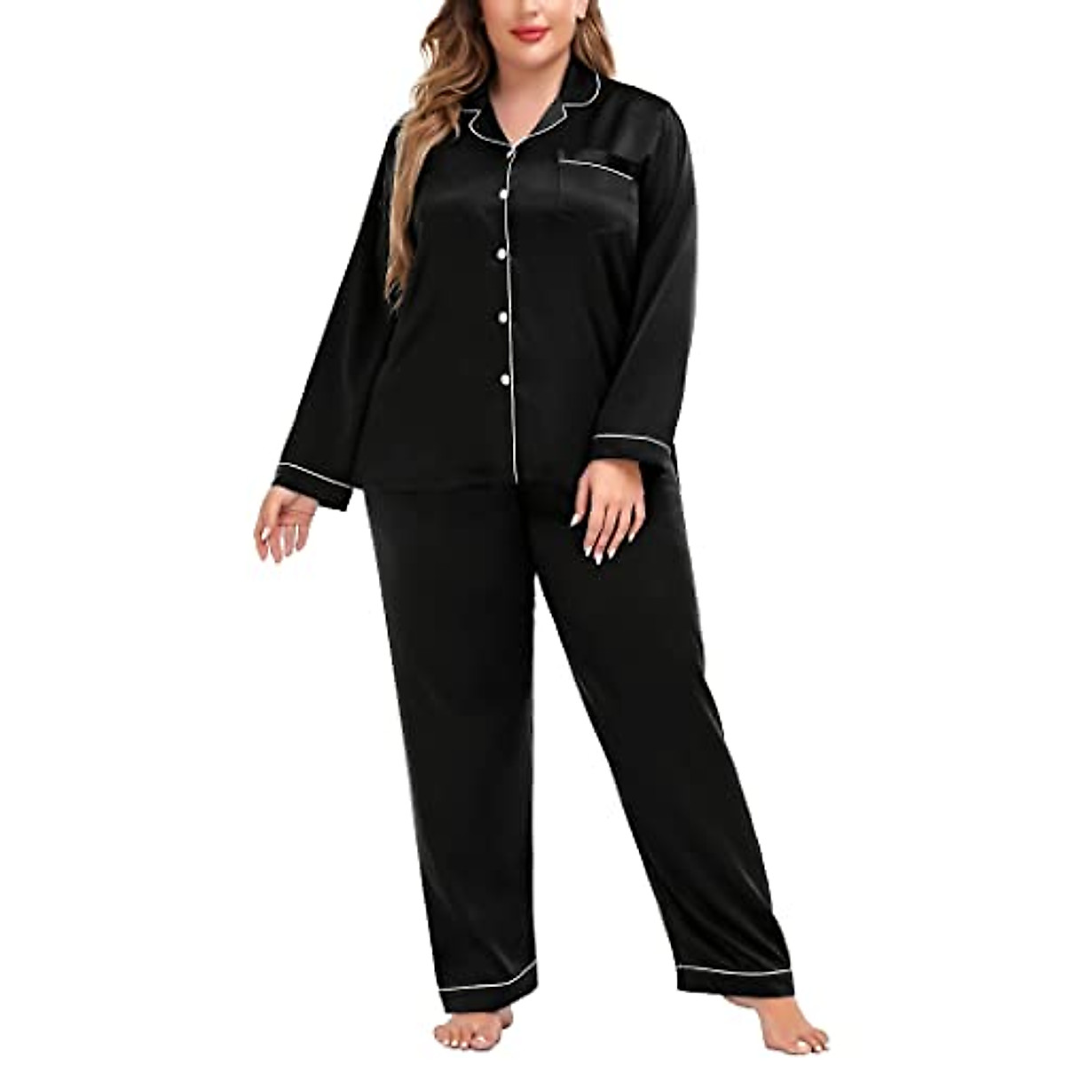 SWOMOG Plus Size Pajamas Long Sleeve Pajama Set Silk Pj Set Button Down Sleepwear Bridesmaid Pjs Satin Pajama Set 18W Black