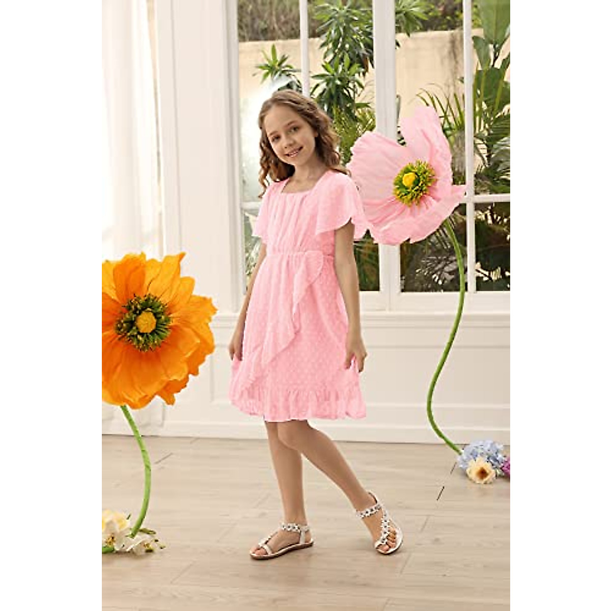 Danna Belle Pink Dresses for Girls Ruffle Hem Flutter Sleeve Casual Dress for Girl Size 7-8