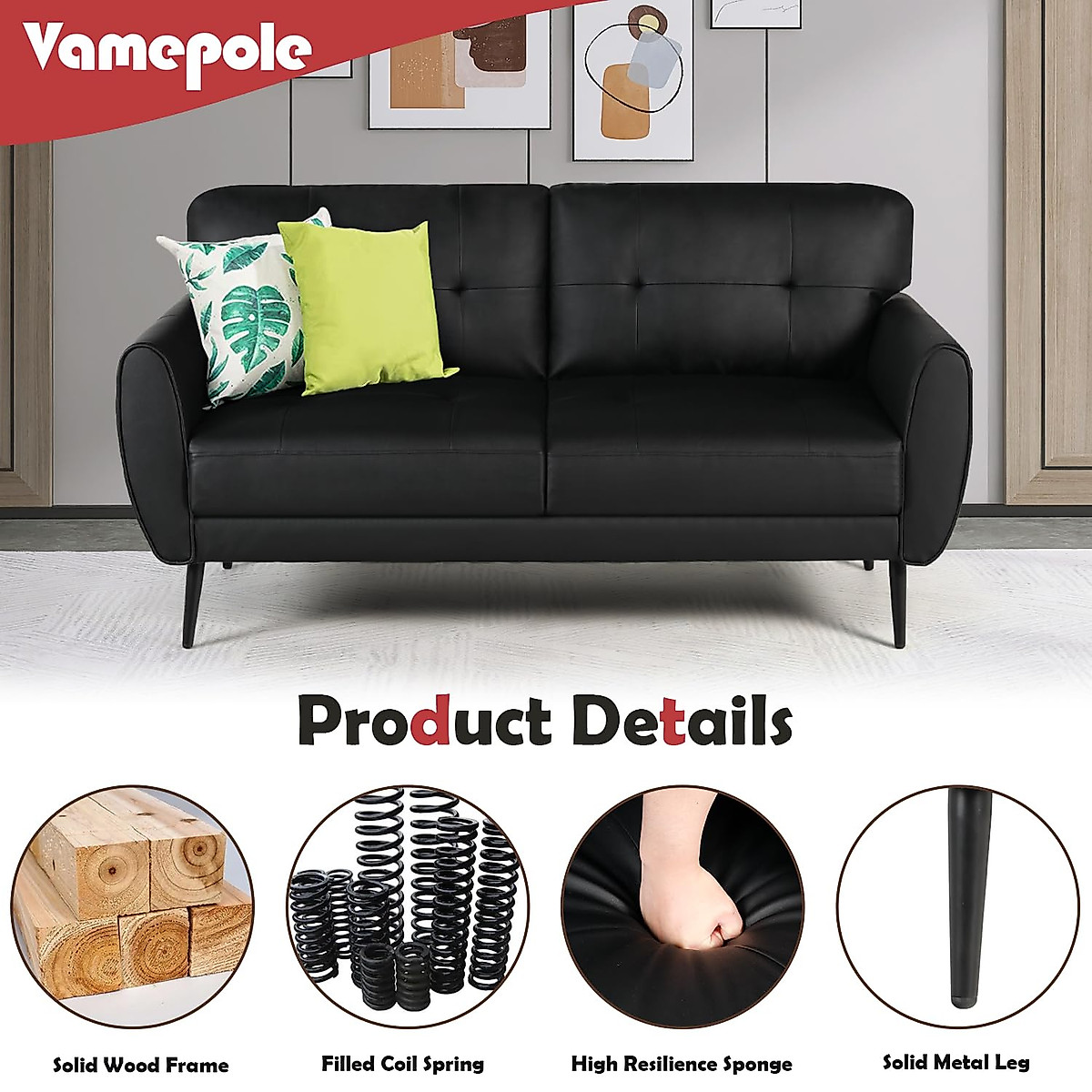 VAMEPOLE Sofa Couch, 61" Leather Loveseat Sofa for Living Room, Mid Century Mini Black Couch, Tufted Faux Leather Love Seat, Comfy Office Sofa 2 Seat, Small Couches for Small Spaces, Bedroom(Black)