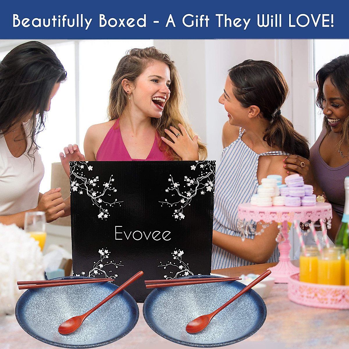 Evovee Japanese Ramen Bowls and Spoons Set 60 oz Ceramic Extra Large Asian Noodle Bowls Ramen Bowls and chopsticks and spoons set of 2 Japanese Bowls Pho Bowl Ramen Bowl Set 9 inch Blue