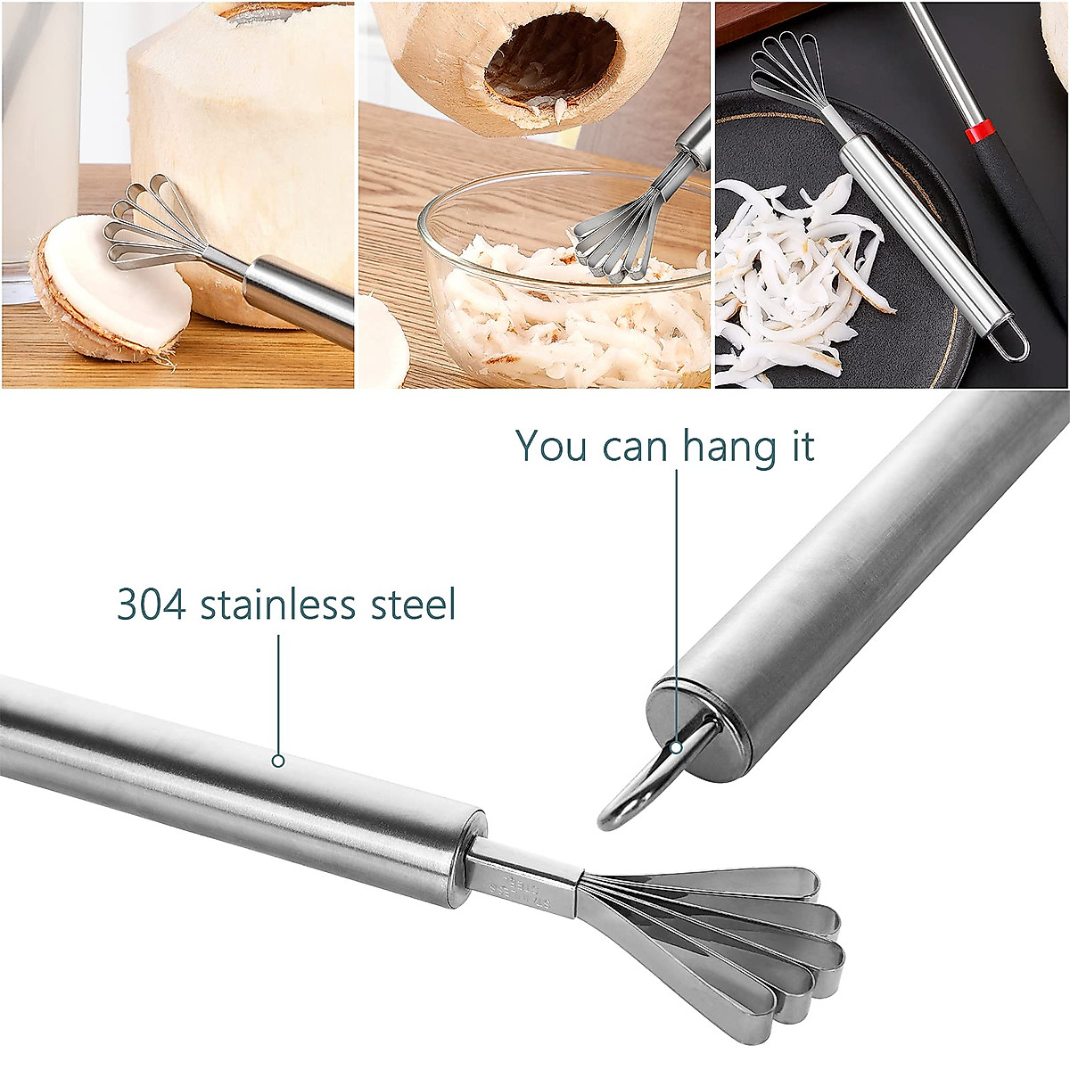 FengWu Coconut Opener Tool Set Food Grade Stainless Steel Coconut Opener Kit for Young Coconut Coco Jack Opener Kit with Stainless Steel Scraper, Coconut Hole Maker Puncher, Rubber Hammer (4pcs)