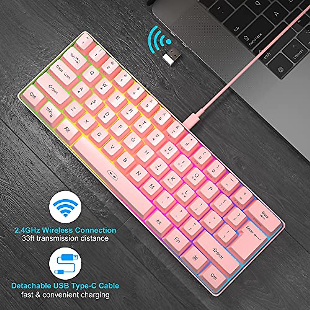 MageGee TS92 Wireless 60% Gaming Keyboard, Compact 61 Keys Rechargeable RGB Backlit Office Keyboard, 2.4G Wireless Connection, Pink Waterproof Portable Computer Keyboard for Mac Windows Laptop