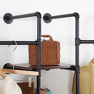 EDCB Wall Mounted Industrial Pipe Heavy Duty Clothes Rack, Clothing Rods for Hanging Clothes, Freestanding Clothing Rack with 2 Hang Rods & 4 Shelves, 72.8" W x 17.7" D x 71" H