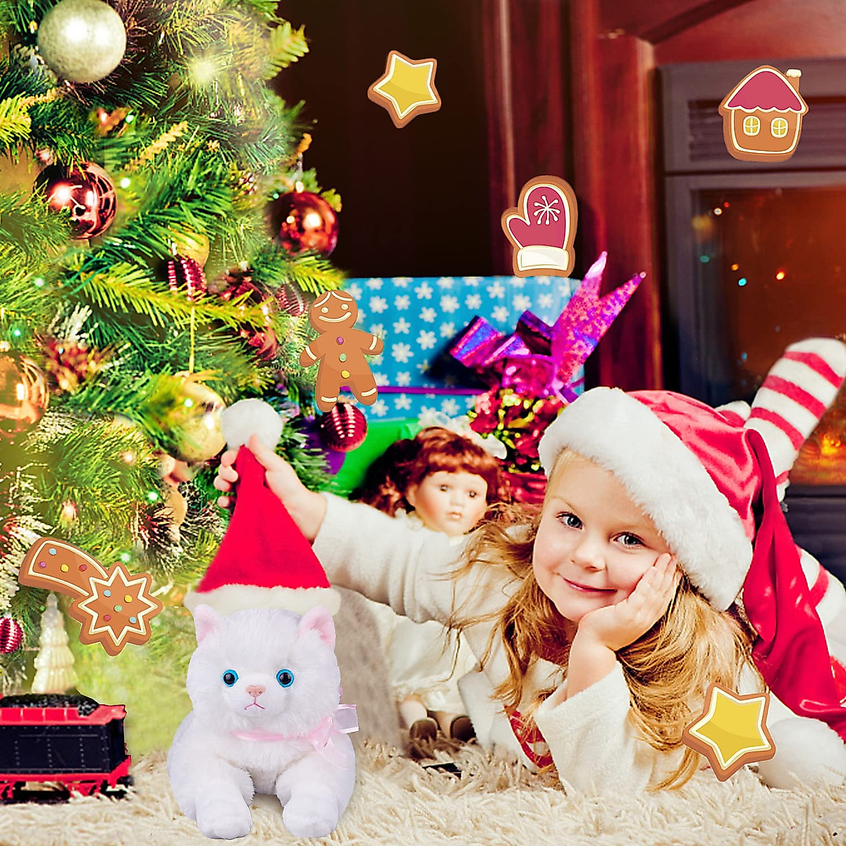 Plush Cat Stuffed Animal White Cat Realistic Toy Super Soft Kitten Cuddly Pet Kitty Fluffy Soothing Hugging Sleeping Birthday Christmas Children's Day Gift for Kid 14.96"