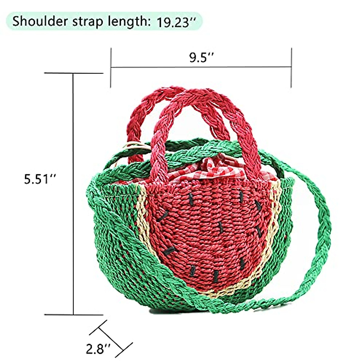 QTKJ Mini Semi-circle Rattan Straw Handbags, Hand-woven Women Summer Retro Straw Tote Bag Watermelon Design Shoulder Bag Crossbody Bag Round Handle