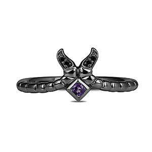 Jewelili Enchanted Disney Fine Jewelry Black Rhodium Over Sterling Silver 2MM Round Amethyst and Heat Treated Black Diamond Accent Maleficent Villain Ring Size 7