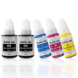 5PK Dye Refill Ink 70ml Compatible with GI-290 (2X Black 135ml / 1X Cyan Magenta Yellow 70ml) by ALLINKTONERPIXMA G4200, PIXMA G3200, PIXMA G2200, PIXMA G1200 Printers