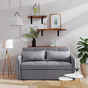 JEEOHEY Sleeper Sofa Couch,55.5" Modern 3-in-1 Tufted Velvet Convertible Pull Out Couch with USB, Adjustable Backrest Small Futon Loveseat Sofa Bed for Small Space Livingroom Apartment Office,Grey