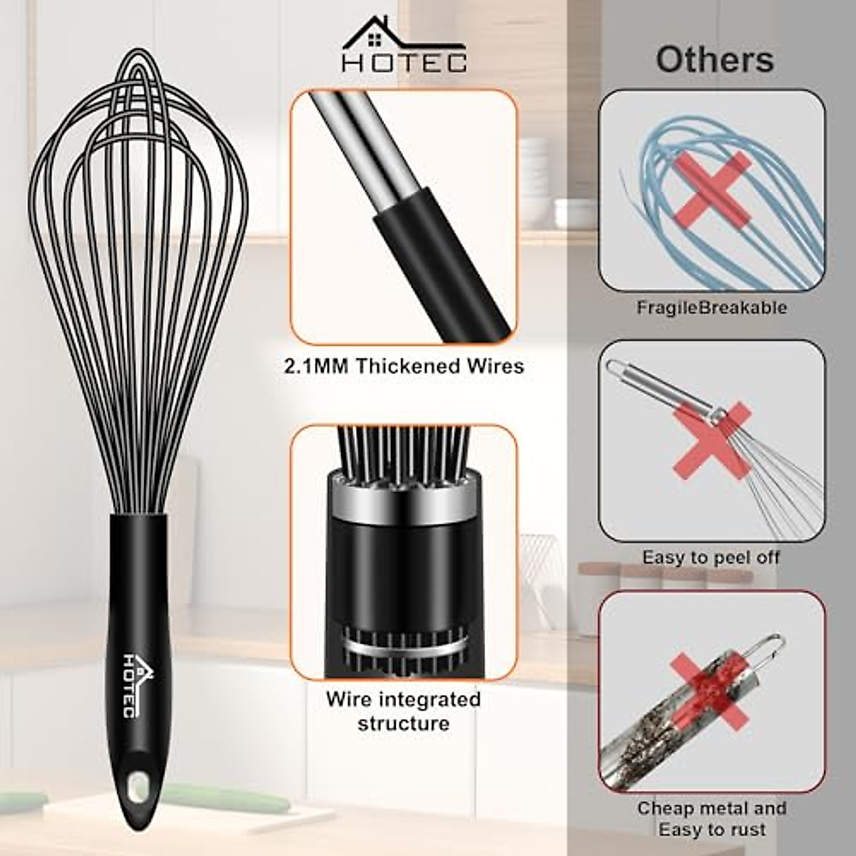 HOTEC 4 Pieces Silicone Whisks Set, Wire Balloon Whisks Egg Beater, Non-slip Handle Whisk for Non-stick Cookware Perfect for Cooking, Stirring, Beating and Blending (Black)