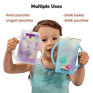 Original Squeeze Proof Flipping Holder 2-Pack with Open Bottom for Food Pouches & Juice Boxes - Multipurpose - Prevent Messes & Support Self-Feeding - Easy Grasping Handles - Made in USA