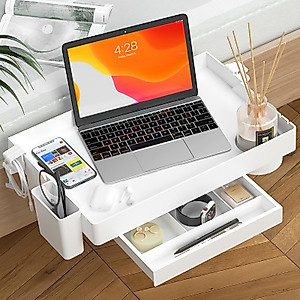 SPACEKEEPER Bedside Shelf for Bed, Foldable Bunk Bed Shelf Clip On Nightstand for Top Bunk College Dorm Room Essentials Floating Table Tray Bed Side Shelf Organizer with Drawer, Plus Size, White