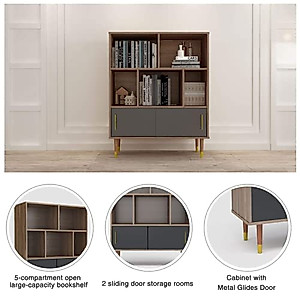 Cube Bookshelf 3 Tier Mid-Century Modern Bookcase with Doors & Legs, Retro Wood Storage Organizer Shelf, Free Standing Open Book Shelves Rustic Brown Display Bookcases for Bedroom, Living Room, Office