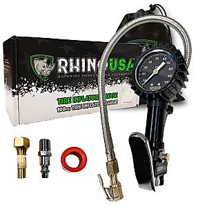 Rhino USA Tire Inflator with Pressure Gauge (0-100 PSI) - ANSI B40.1 Accurate, Large 2" Easy Read Glow Dial, Premium Braided Hose, Solid Brass Hardware, Best for Any Car, Truck, Motorcycle, RV…