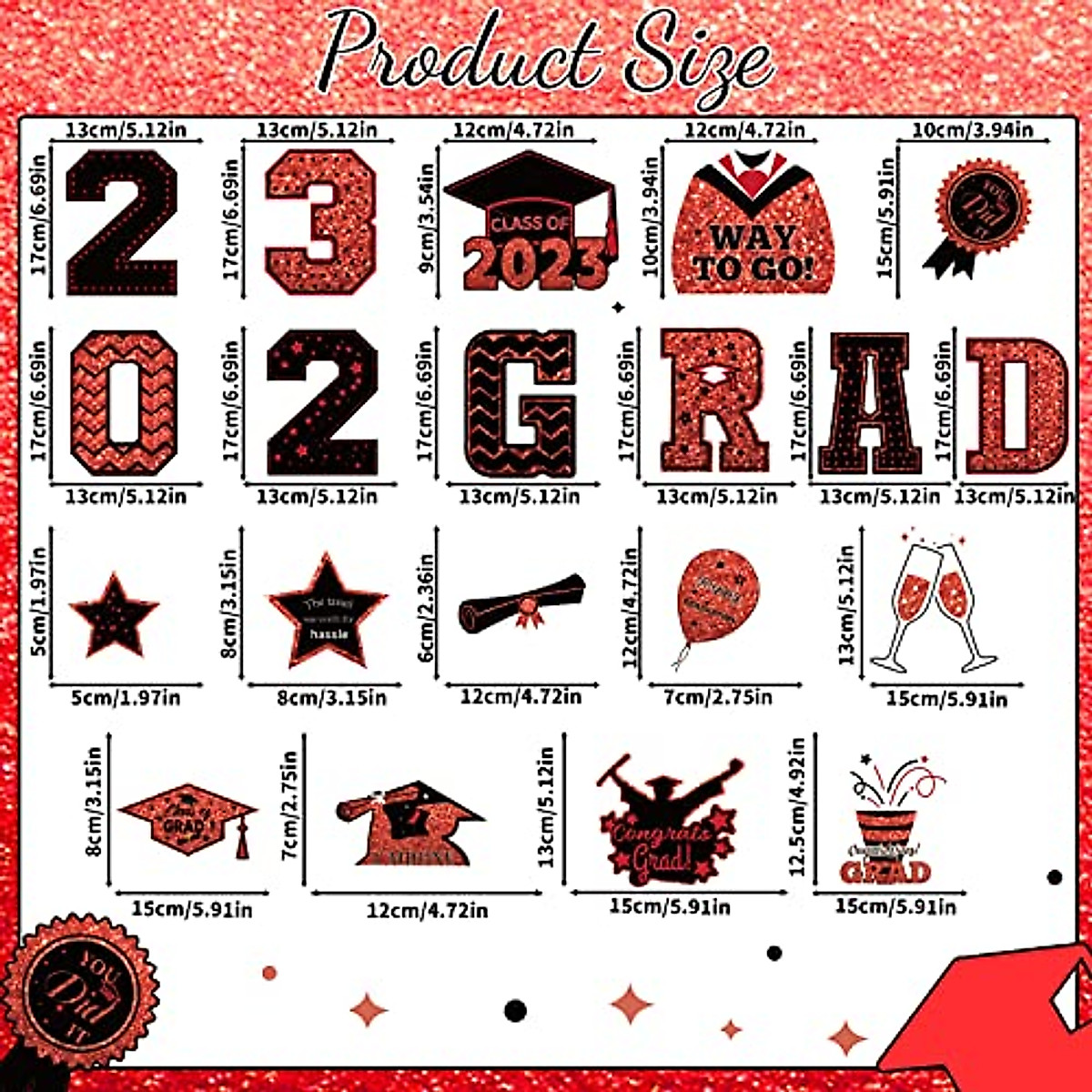 20 Pcs Graduation Car Magnets, 2023 Graduation Car Decorations, Class of 2023 Magnetic Stickers, Graduation Cap Decorations, Graduation Magnet Decals for Car Cruise Garage Door Metal Surface (Red)