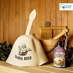 Natural Textile Sauna Hat 'Sauna Boss' White - 100% Organic Wool Felt Hats for Russian Banya - Protect Your Head from Heat - Sauna eBook Guide Included - with Embroidery