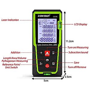 Zokoun Laser Distance Measure 165Ft, Backlit LCD, M/in/Ft with High Accuracy Pythagorean Mode, Measure Distance, Area and Volume, Record Storage 99 Data and Include 2 AAA Battery (CS50)