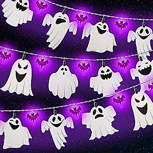 Halloween Lights 9.8 ft 18 LEDs Bat String Twinkle Lights with 17 Pieces Ghost Decor, Battery Operated Halloween Decoration for Garden, Indoor, Porch, Outdoor Decor