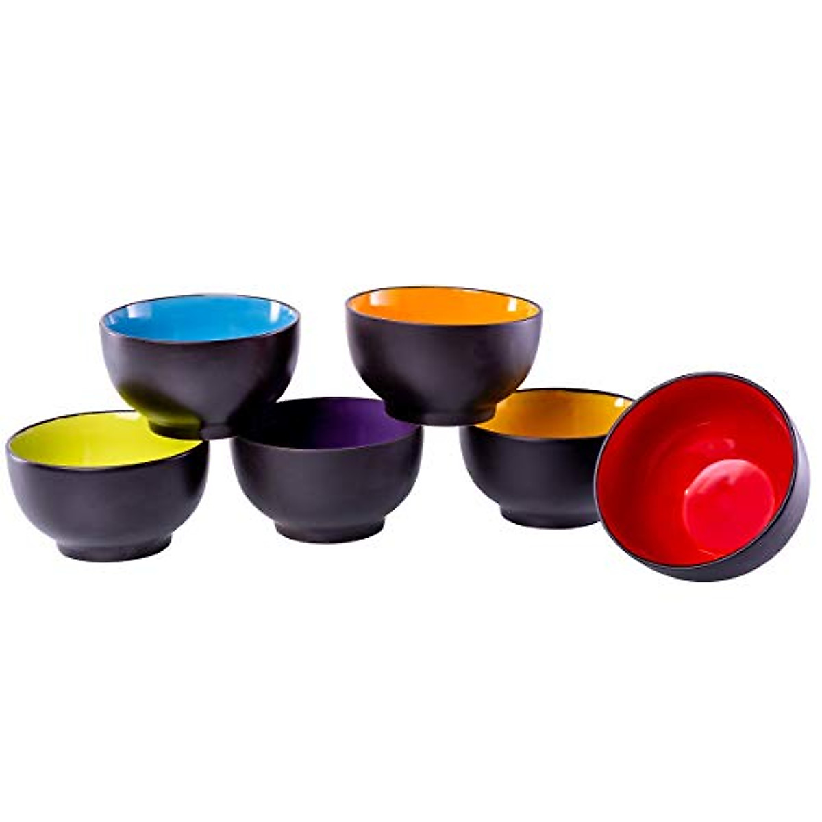 Klikel 6 Pack of Soup Bowls - Dishwasher And Microwave Safe Ceramic Bowl Set - Black With Color Inside - Large 18oz - 5 1/2 Inch Round