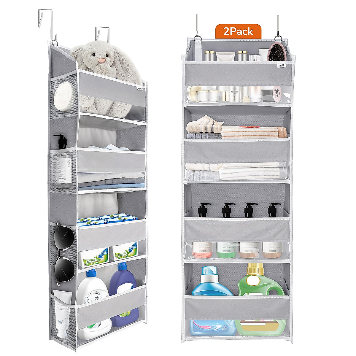 ULG 2 Pack Over The Door Storage Organizer with 4 Pockets 8 Mesh Side Pockets, 36 lbs Weight Capacity Door Hanging Organizers for Bedroom,Bathroom,Nursery,Pantry,Dorm(Light Gray)