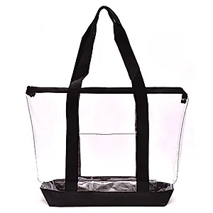 Handy Laundry Clear Tote Bag - Zipper Closure, Long Shoulder Strap, Fabric Trimming. (Black)