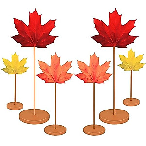 6 Pcs Fall Standing Decor for Tabletop Maple Leaves Wooden Table Sign Thanksgiving Centerpiece Rustic Block Set Wood Tiered Tray Decoration for Farmhouse Home Kitchen