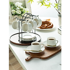 YHOSSEUN Espresso Cups and Saucers with Metal Stand, Porcelain Demitasse Cups Set for Espresso, Latte, Cafe Mocha, Cappuccino and Tea, 3 Ounce, Set of 6, White