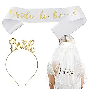 3pcs Bachelorette Party Accessories Set Include Bride to Be Sash and Veil with Bride Tiara Bridal Decoration Accessories for Bride Bachelorette Hen Night Party
