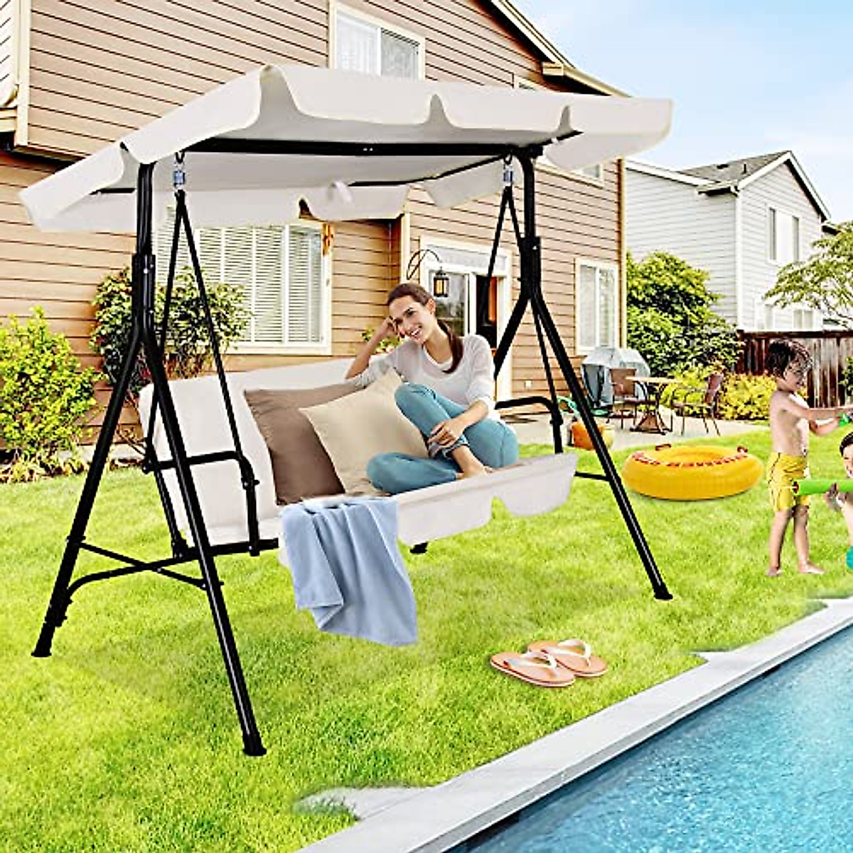 Funny Sunny Outdoor Patio Swing Chair with Canopy,3 Seater Porch Swing Chair with Adjustable Canopy and Removable Cushion for Patio Garden Poolside Balcony Backyard, White