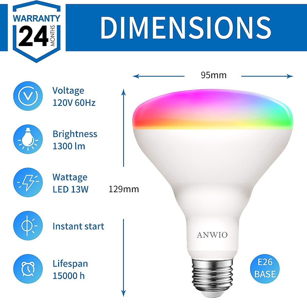 ANWIO Smart Light Bulb BR30 RGB Color Changing LED WiFi Dimmable Multicolor Light Bulbs E26 Base, Compatible with Alexa, Google Assistant, No Hub Required, 1300 Lumen 13W (100W Equivalent) 2 Pack