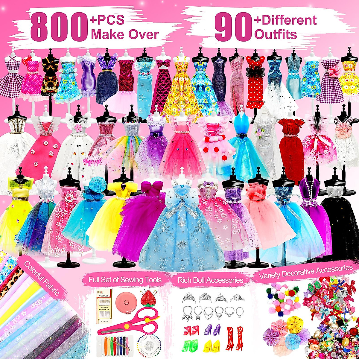 Axirata 800+PCS Fashion Designer Kit for Girls Creativity DIY Arts & Crafts Kit for Kids with Fashion Design Sketchbook, 4 Mannequins, Sewing Kit for Teen Girls Birthday Gift Age 6 7 8 9 10 11 12+