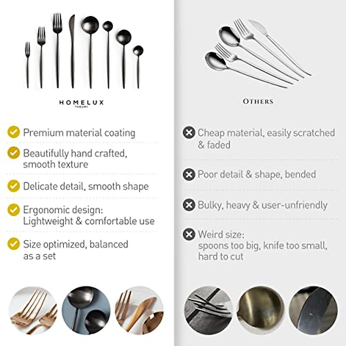 Homelux Theory 18/10 Gold Silverware Set Stainless Steel, 5pc Mirror Polished Modern Silverware Set Dishwasher Safe, Kitchen Flatware Set, Adaline Royal Knife Spoons & Forks Set, Gold Cutlery Set of 4