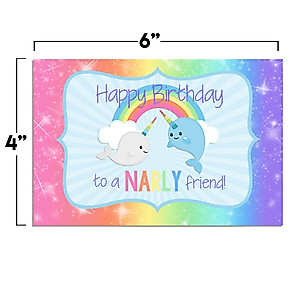 Magical Rainbow Narwhal Birthday Pun Themed Single (1) All Occasion Blank Birthday Card To Send To Friends & Family, 4"x 6" (when folded) Fill In Greeting Note Card by AmandaCreation