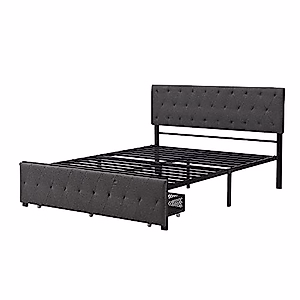 Voohek Queen Size, Metal Platform, Upholstered Headboard,with Storage Space,Gray Bed Frame