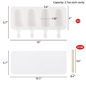 3 Set Popsicles Molds with Lids and 100 Pcs Wooden Popsicles Sticks, Standard Size 4 Cavities Silicone Ice Pop Molds for Making Cakesicles, Cake Pops, Ice Cream - BPA Free