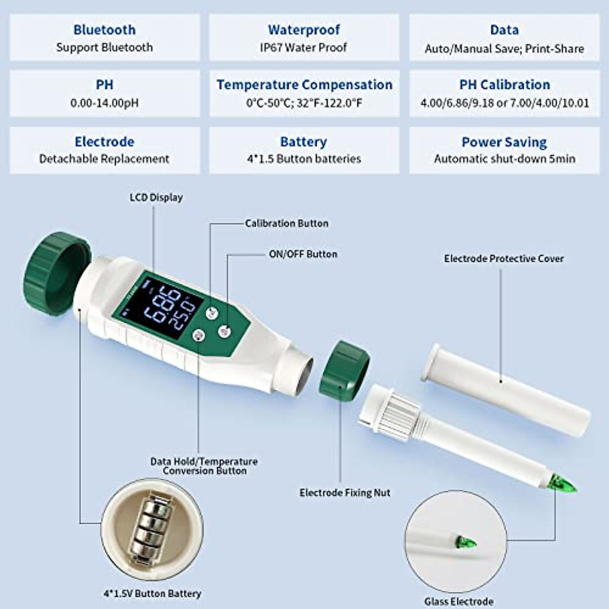 Yewhick Bluetooth Food pH Meter, Digital pH Meter for Food High Accuracy Waterproof Food pH Tester with ATC for Sourdough and Bread Canning, Meat, Cheese, Solid Samples, and Water