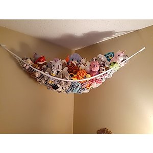 Toy Hammock, Huijukon Jumbo Corner Toy Hammock Toy Storage Net Hammock Collection Organizer for Stuffed Animals Squishmallows Cuddly Plush Soft Toys | Size: 86" x 60" x 60" (White)