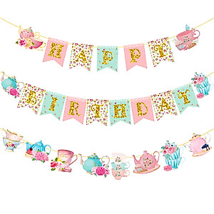 Floral Tea Happy Birthday Party Banner Tea Party Hanging Decorations 3Pcs Tea Cutout Banners Teapot Banners for Afternoon Tea Time Theme Baby Shower Supplies
