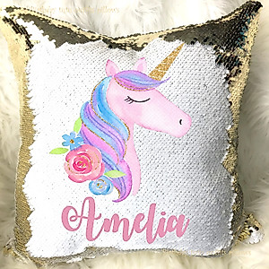 Pretty Rainbow Unicorn Face Gifts Custom Sequin Pillow Personalized - Magic Reversible Pillow with Name - Gift for Kids Children Girls