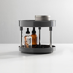 mDesign 2 Tier Lazy Susan Turntable Food Storage Container for Cabinets, Pantry, Fridge, Countertops - Raised Edge, Spinning Organizer for Spices, Condiments - 9" Round - Charcoal Gray/Chrome