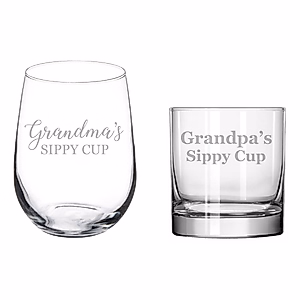 MIP Set of 2 Glasses Stemless WINE & ROCKS Whiskey Gift Grandma And Grandpa's Sippy Cups Grandparents