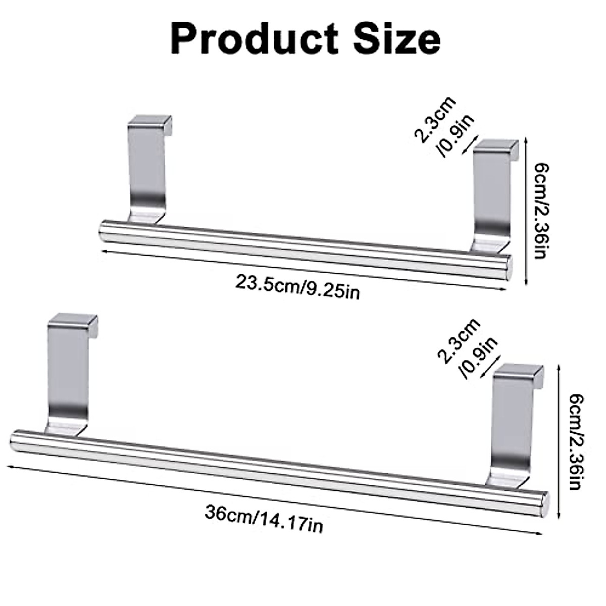 Cabinet Door Towel Bar, Dish Towel Rack for Cabinet, Stainless Steel Kitchen Towel Holder, Over The Door Hand Towel Hanger for Kitchen Bathroom Cupboard, 2 Pack (1*Small+ 1*Large)